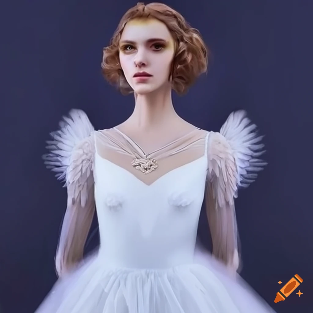 Nonbinary archangel-inspired white attire with furbelow