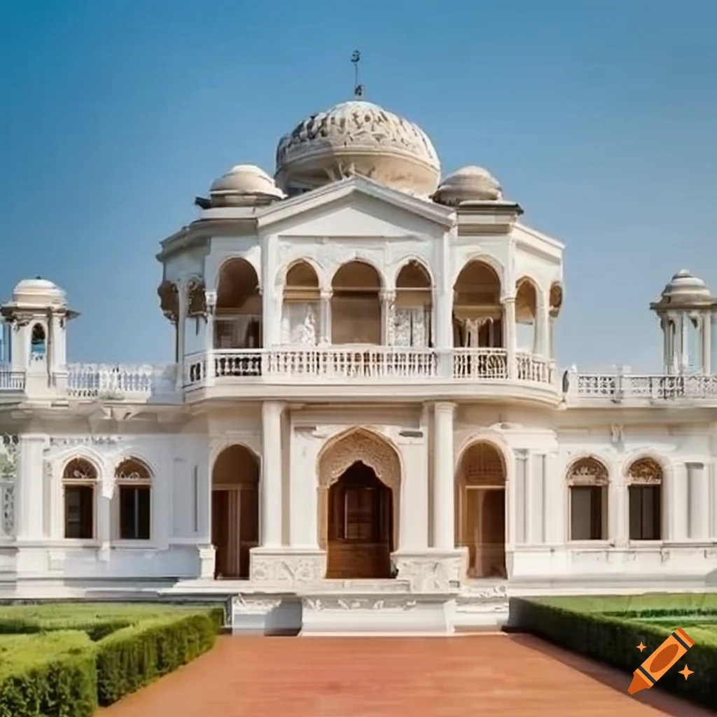 Frontal view of mahal white house in mediterranean architectural style ...