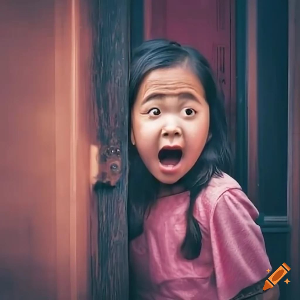 Asian girl scared by a pigeon on Craiyon