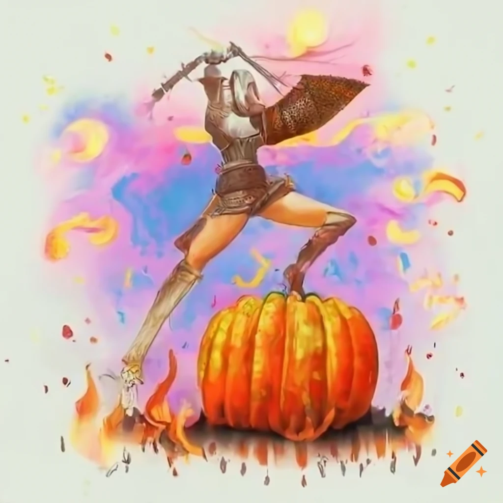 Realistic fantasy artwork of a knight woman throwing flaming pumpkins ...