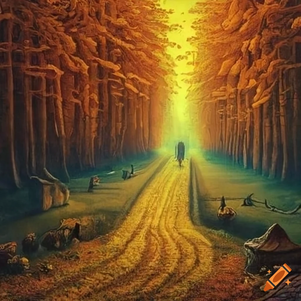 Surreal painting of autumn roads