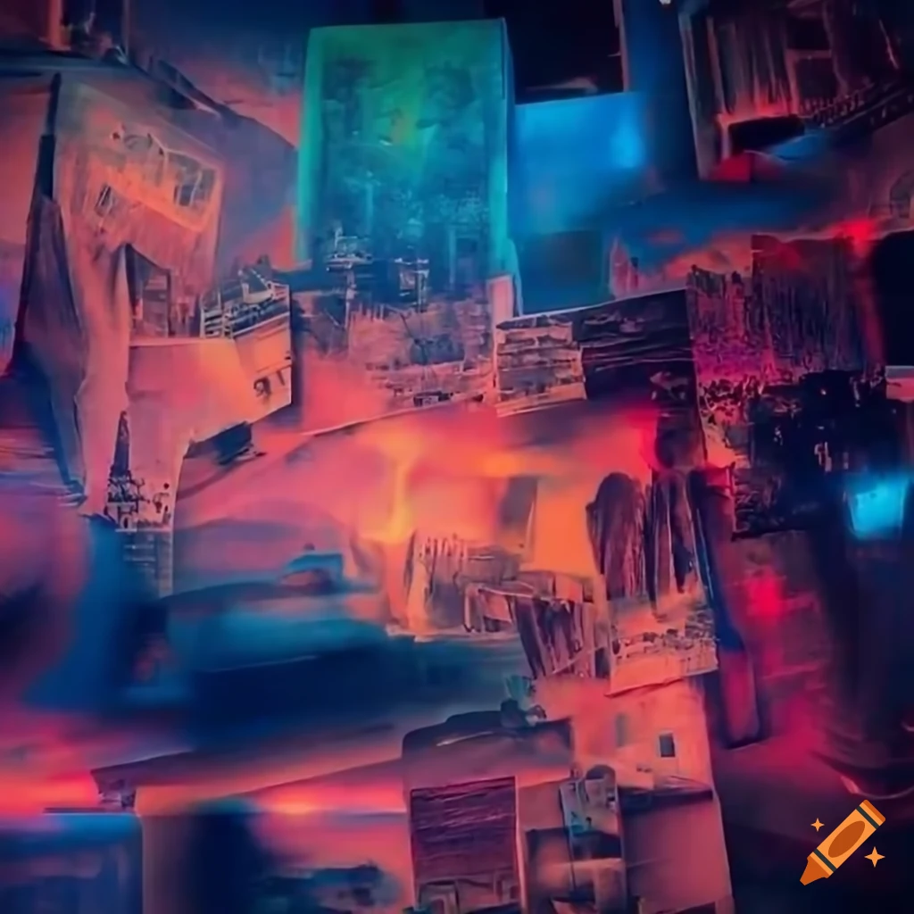 Neon post-apocalyptic collage with volumetric lighting on Craiyon