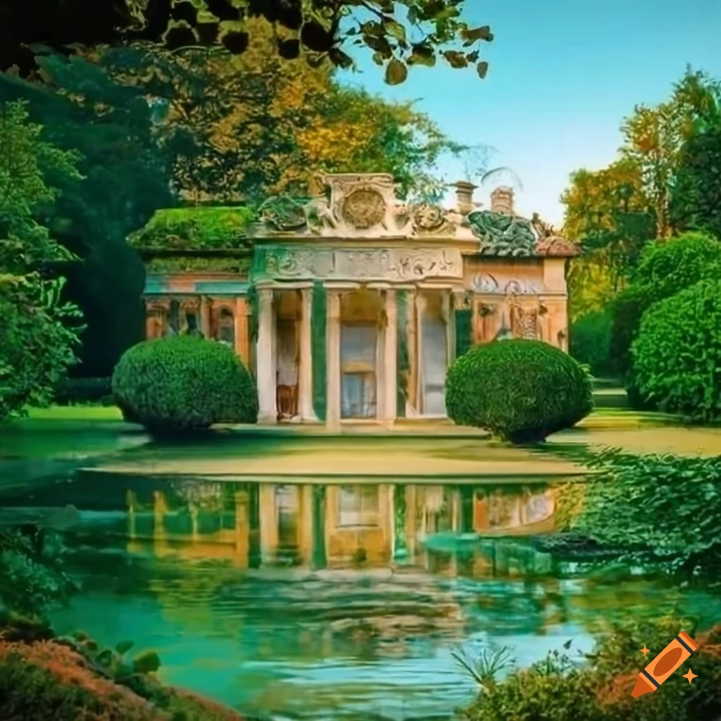 Rococo stucco entrance in a leafy garden with a pond on Craiyon