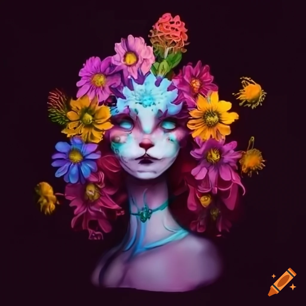 Artwork of a cat with flower elements on Craiyon
