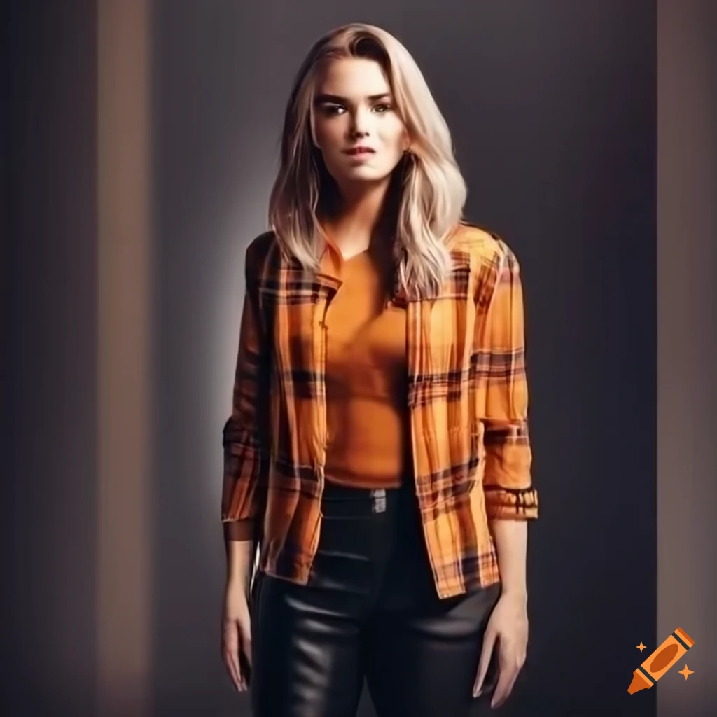 Hyperrealistic Photograph Of Actress Addison Timlin In Orange Plaid
