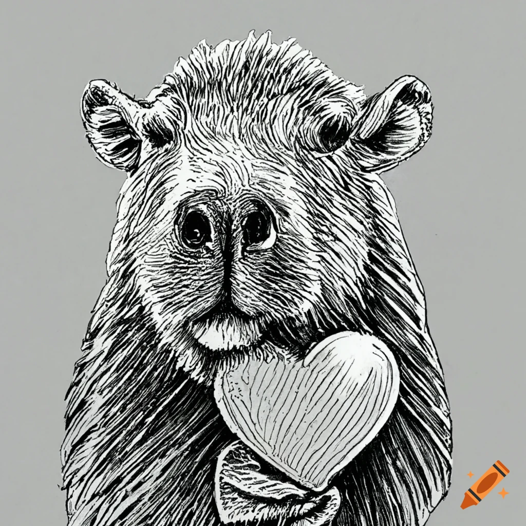 Ink illustration of a capybara holding a heart on Craiyon