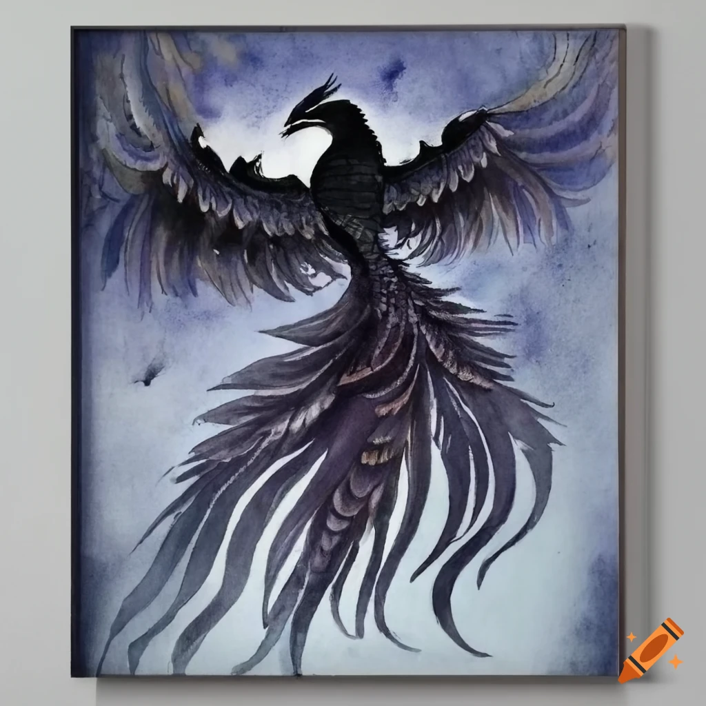 Watercolor artwork of a detailed black phoenix on Craiyon