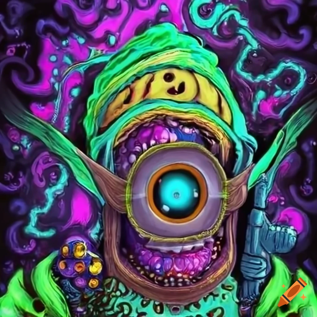 Psychedelic art of a DMT machine elf Minion on Craiyon