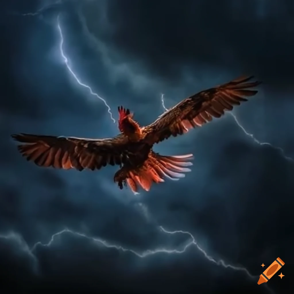 Chickens flying through storm clouds on Craiyon