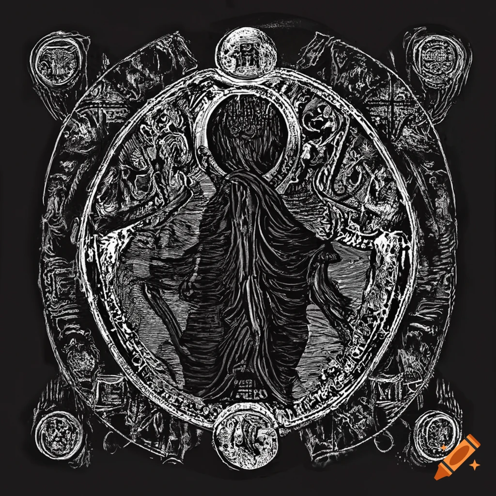 Surreal occult poster with intertwined symbols and intricate designs on ...