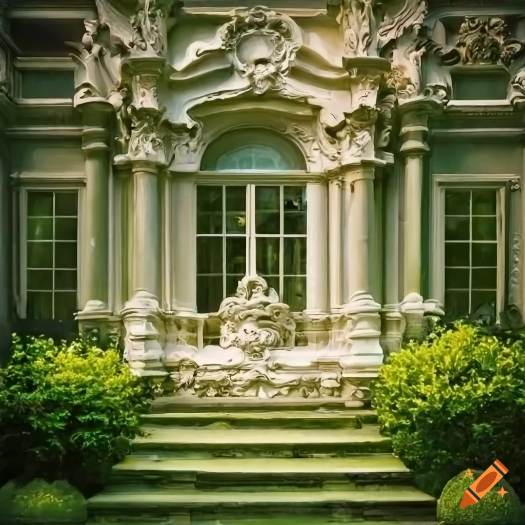 Luxurious rococo stairway in a beautiful garden on Craiyon