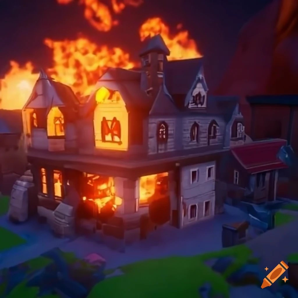 Fortnite town with a burning blacksmith town hall on Craiyon