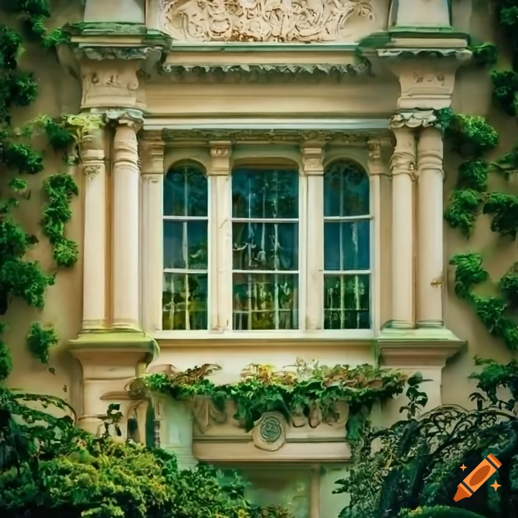 Stucco entrance of a classical building with a garden on Craiyon