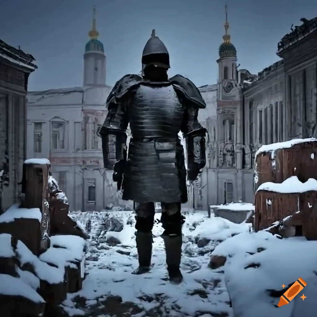 Russian police officers in black armor in snow-covered ruins on Craiyon