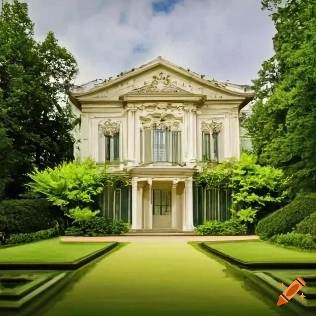 Rococo stucco entrance surrounded by lush gardens on Craiyon