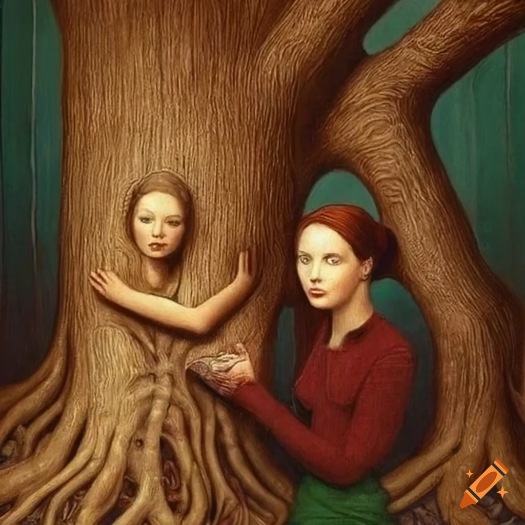 Surreal painting of tree roots and a woman