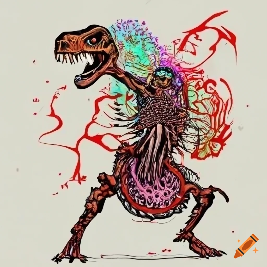 Illustration of a skeleton warrior riding a skeletal T-Rex on Craiyon