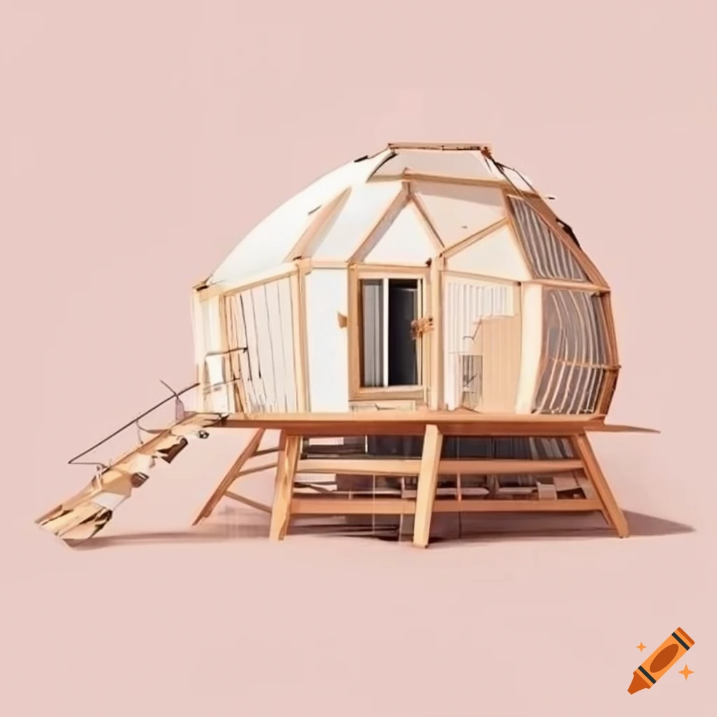 Technical drawing of a minimalist living pod with unique landing stilts ...