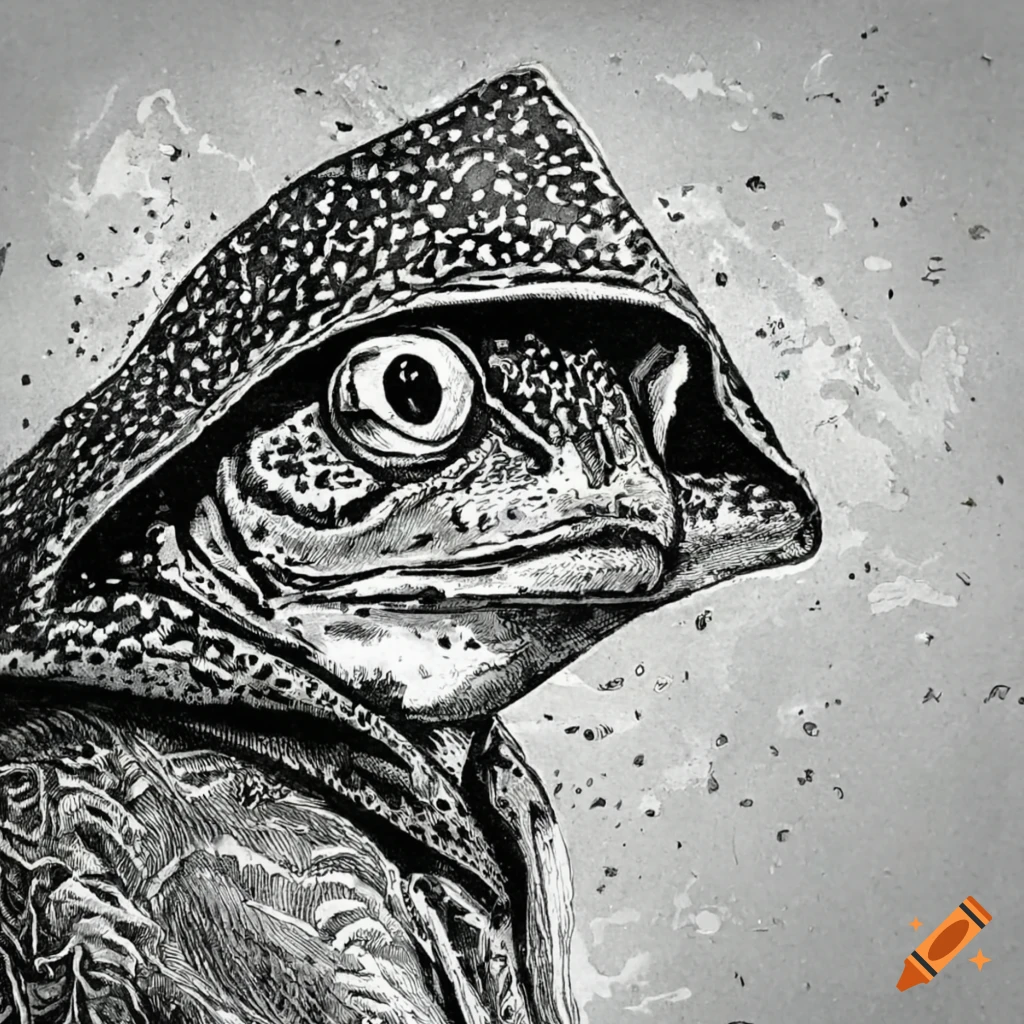 Close-up of a serious frog with a hood