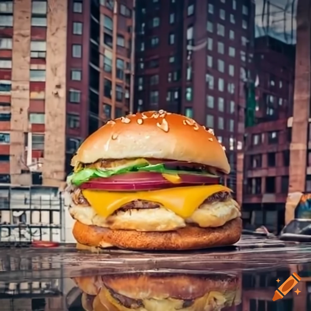 Giant burger in a city on Craiyon