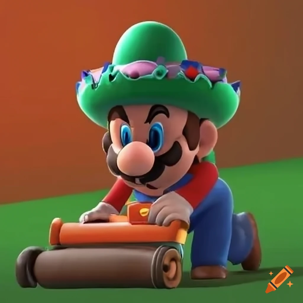 Super mario mowing a lawn on Craiyon