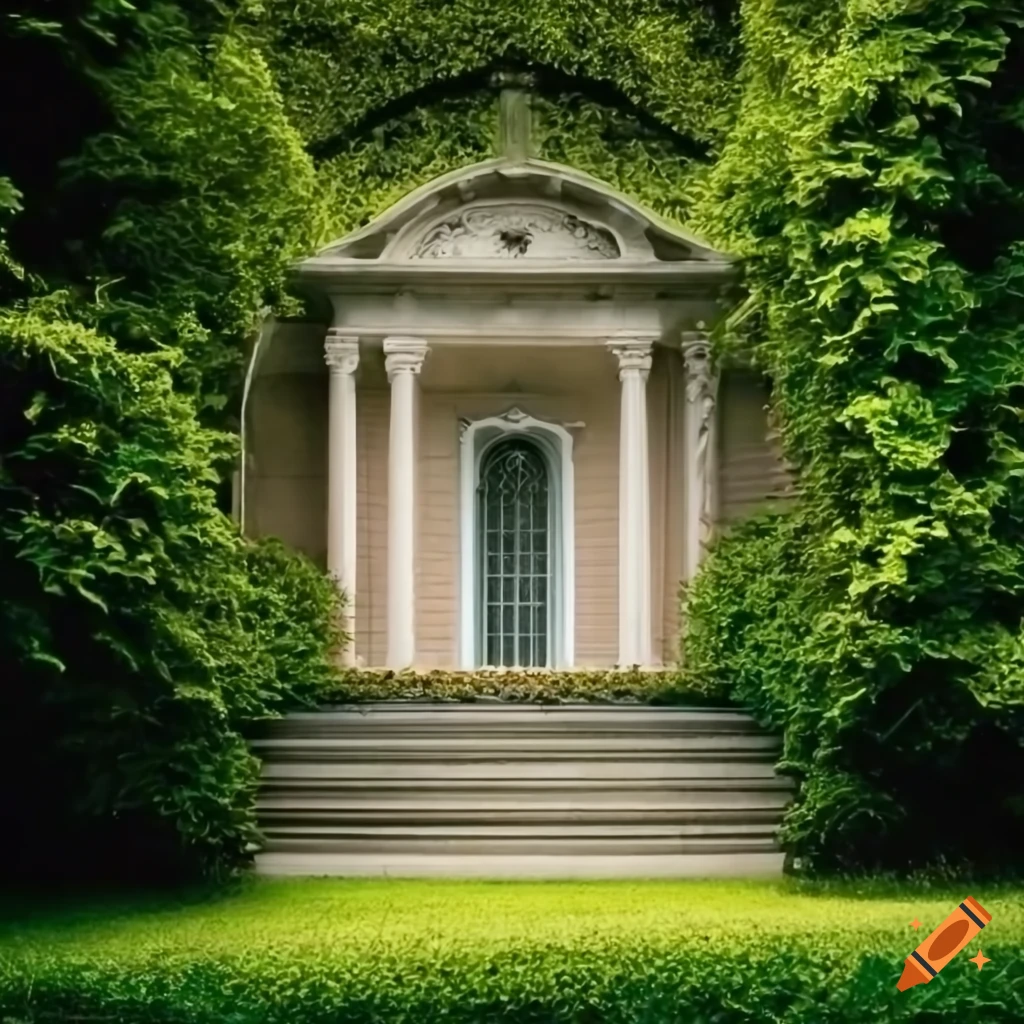 Rococo stucco entrance in a leafy garden on Craiyon