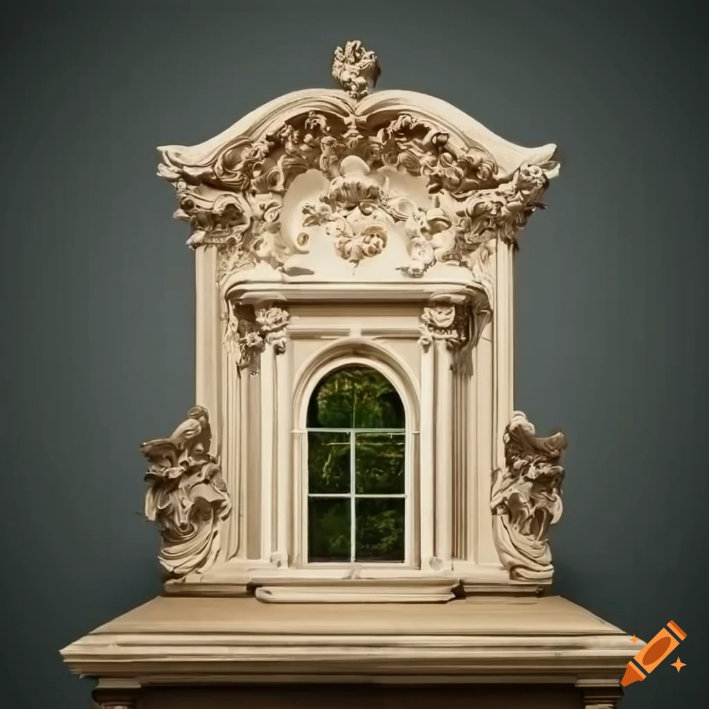 Rococo stucco entrance on a classical building with a garden on Craiyon
