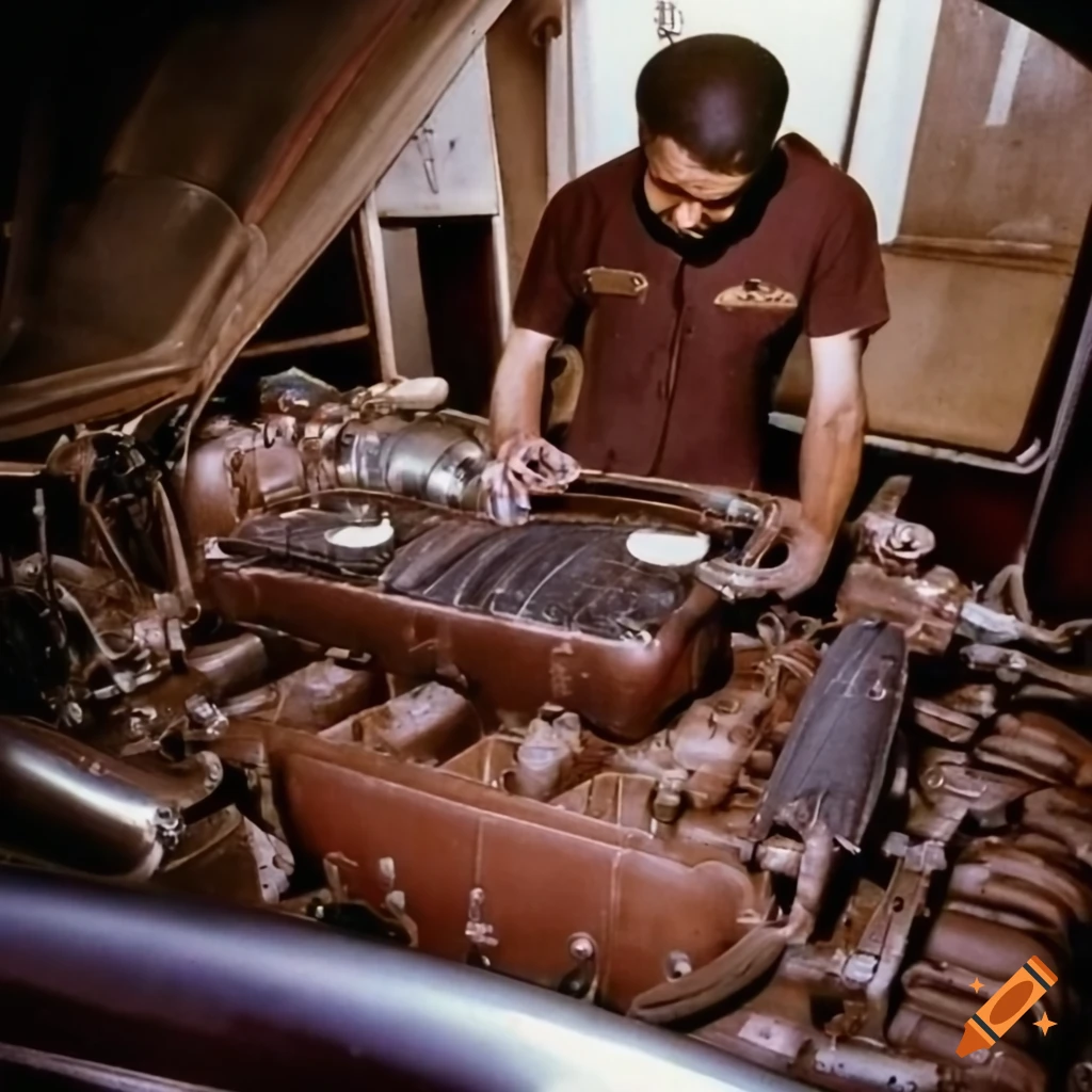 Vintage photo of an auto mechanic replacing a car engine on Craiyon