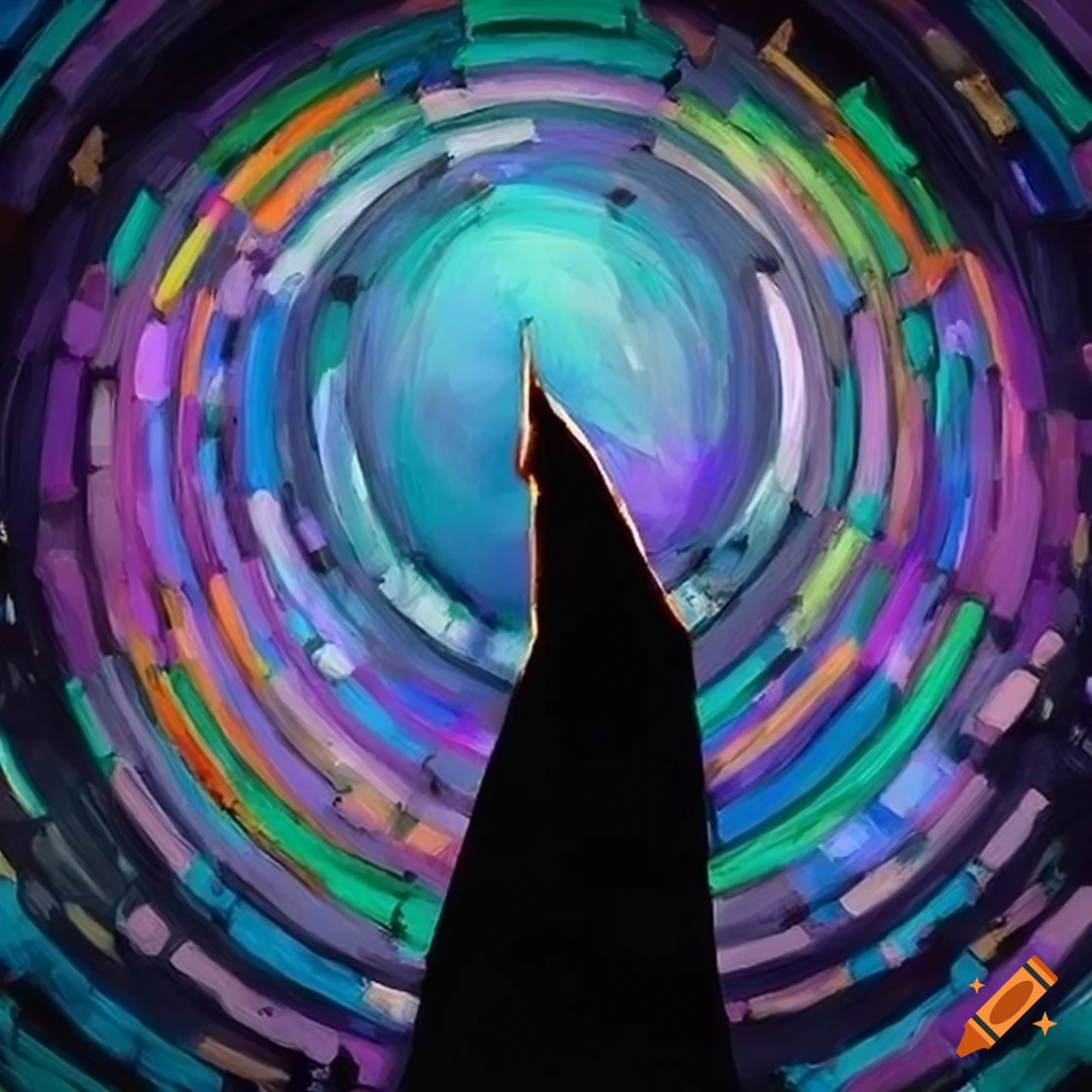 Dark and chaotic night with a wizard surrounded by towering skyscrapers ...