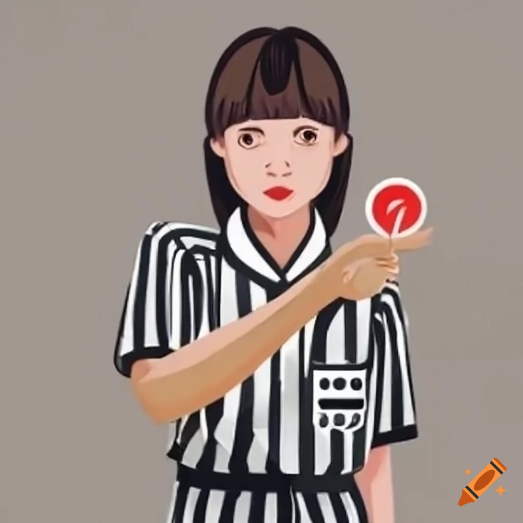 Japanese female referee holding a sign with a circle on Craiyon