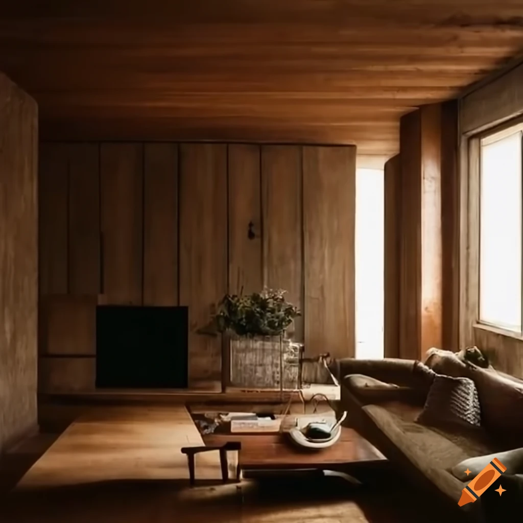 Brutalist living room with concrete plants and walnut decor