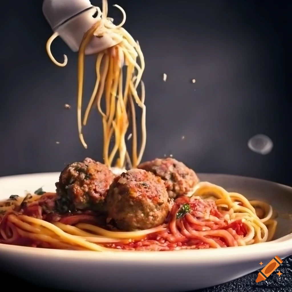 Italian restaurant kitchen with flying spaghetti and frustrated cook on ...