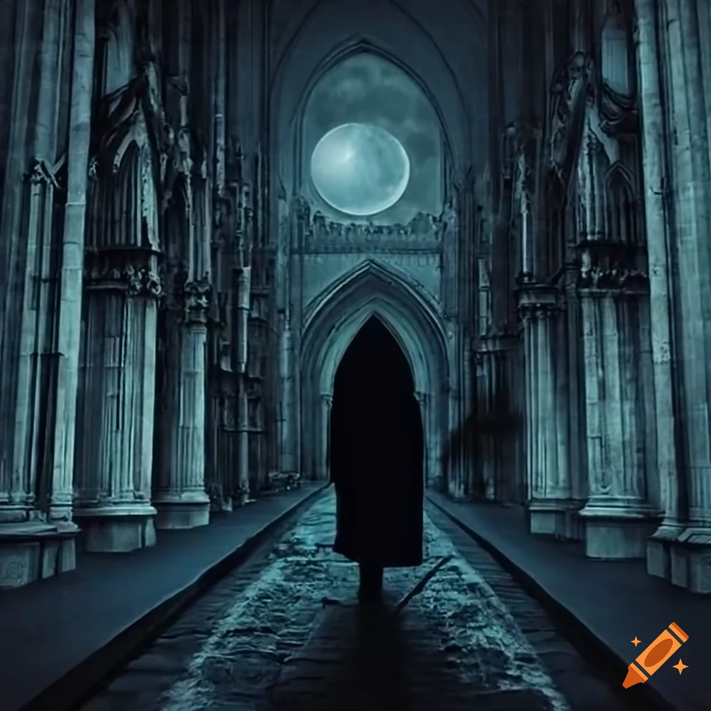 Image of a man with his back turned and a gothic cathedral in the ...