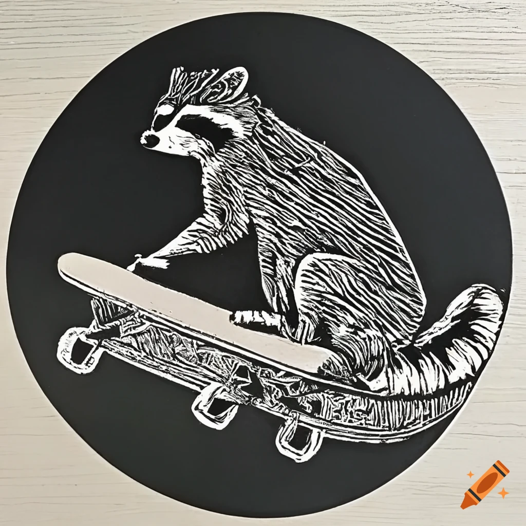 Printmaking of a raccoon riding a skateboard on Craiyon