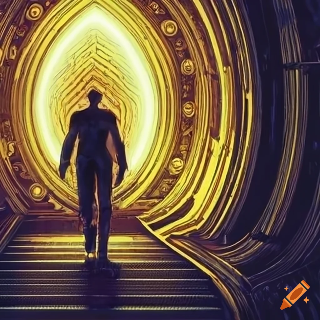 Man entering a golden portal on Craiyon
