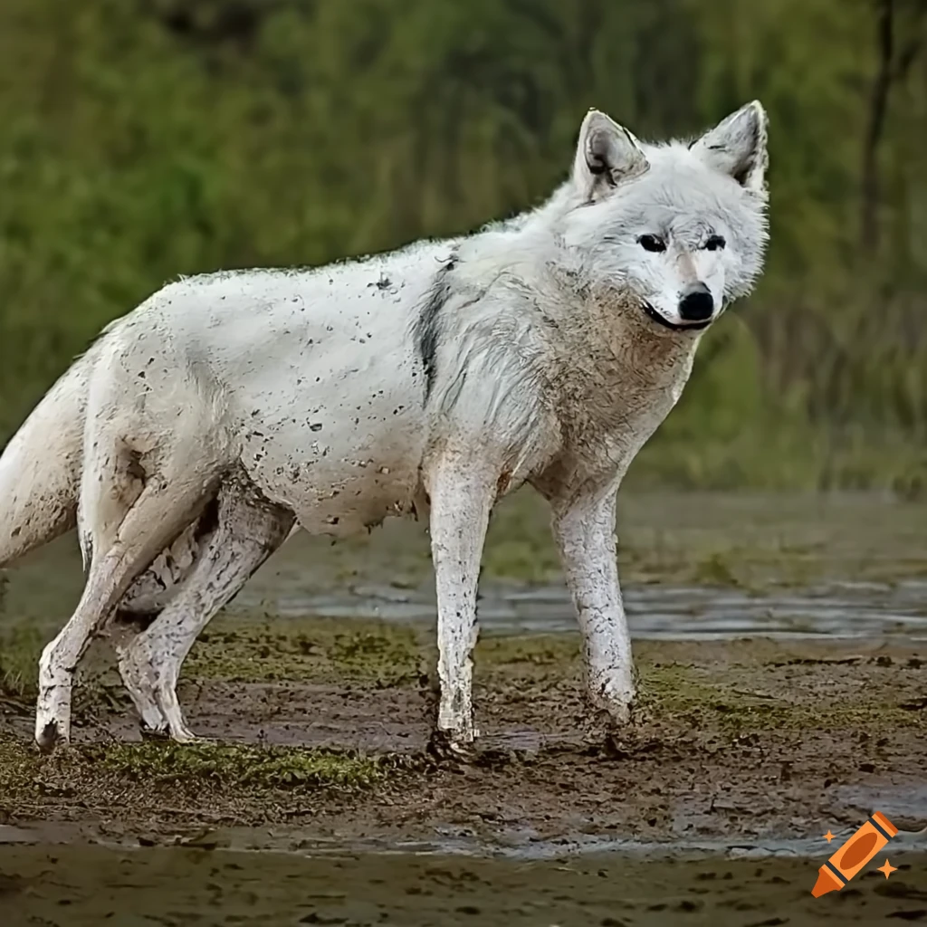 Muddy white wolf enjoying in the swamp on Craiyon