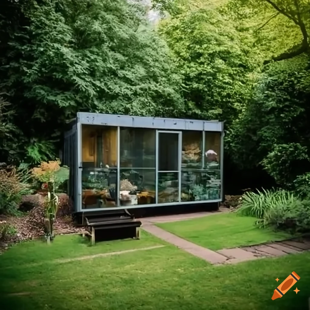 Container office in a beautiful english garden on Craiyon
