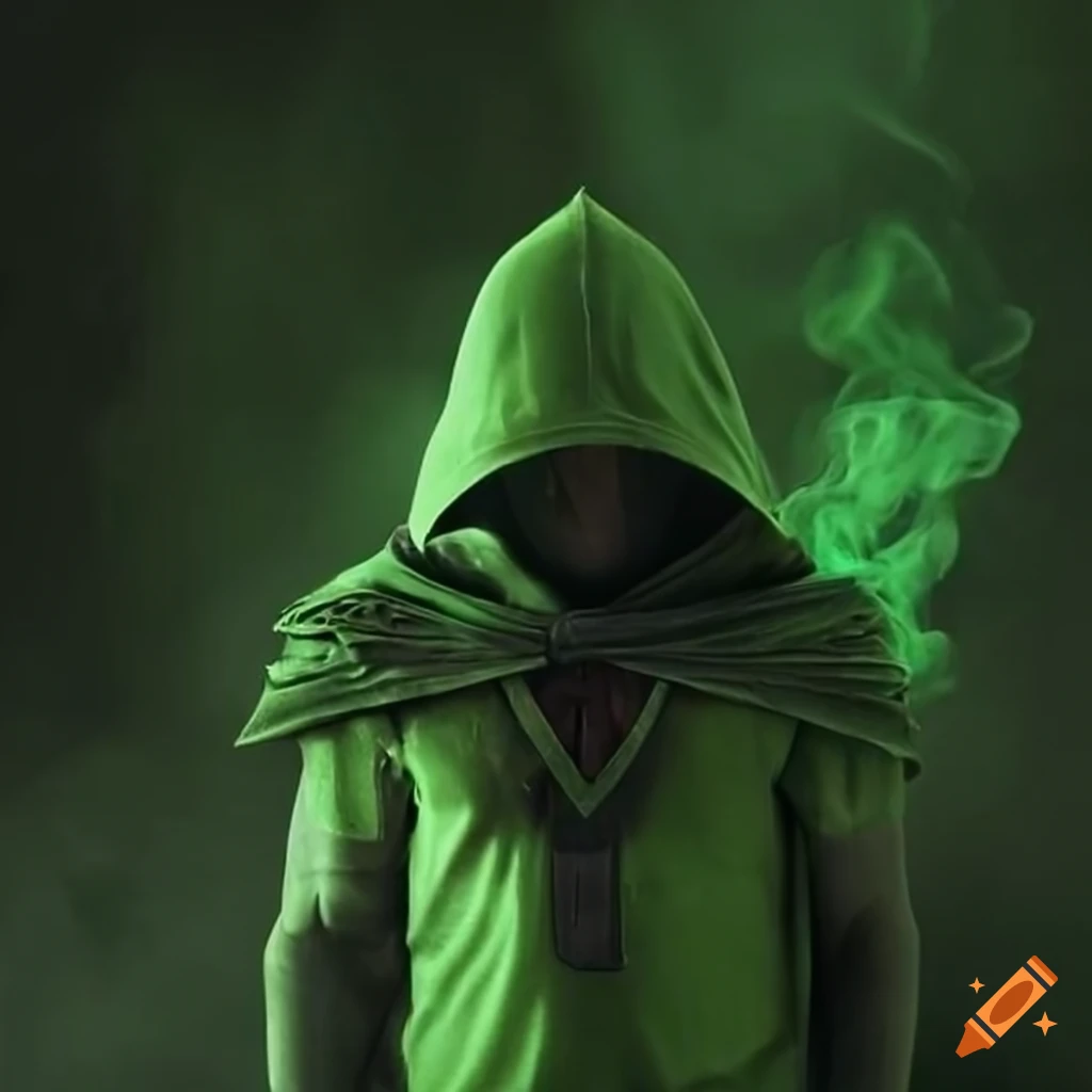 Art of a hooded green warrior with a green dagger on Craiyon