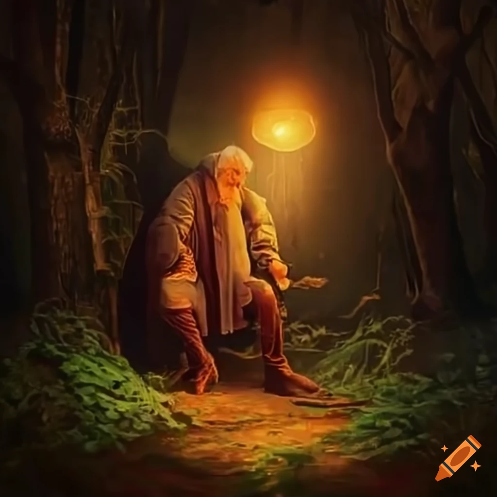 Elderly man with a lamp walking in the forest at sunset