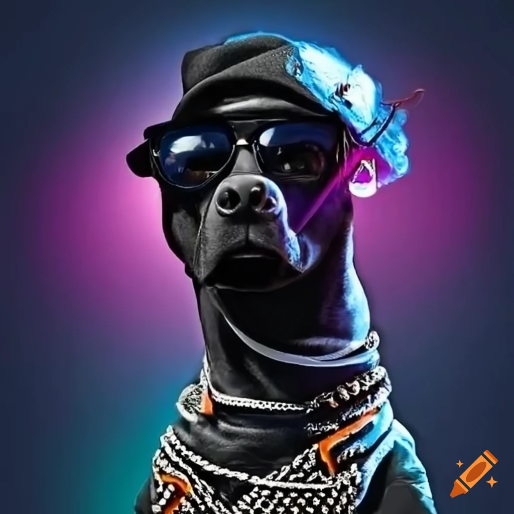 Black labrador dog wearing sunglasses and dressed as a rapper
