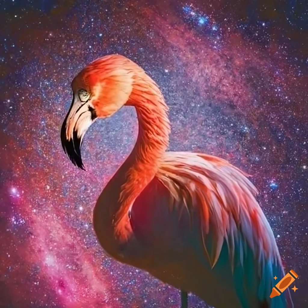 Pink flamingo flying in a cosmic celestial background on Craiyon