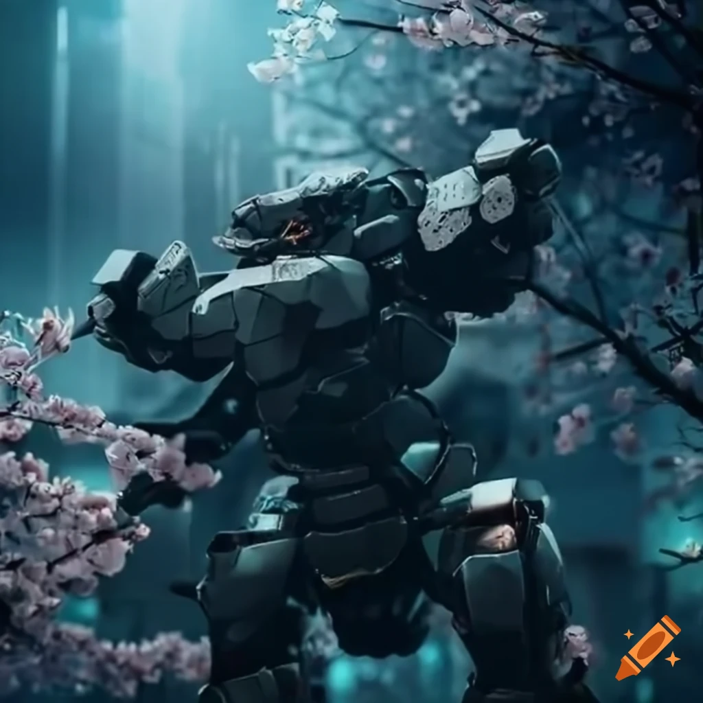 Mech suit among cherry blossoms on Craiyon