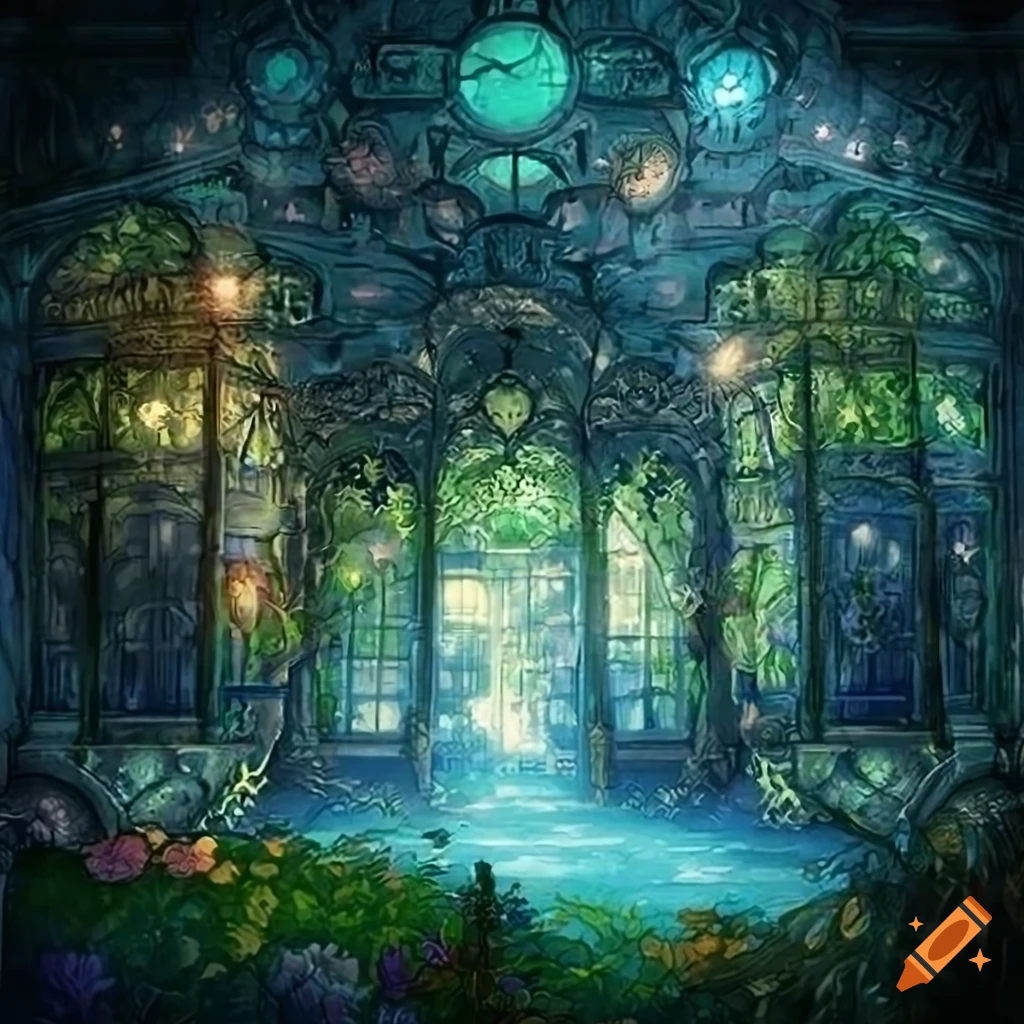Intricate castle greenhouse at night with fairy lights on Craiyon