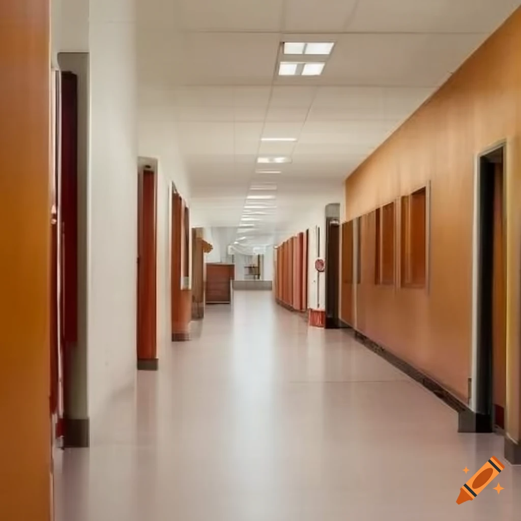 School corridor with classrooms and hall on Craiyon