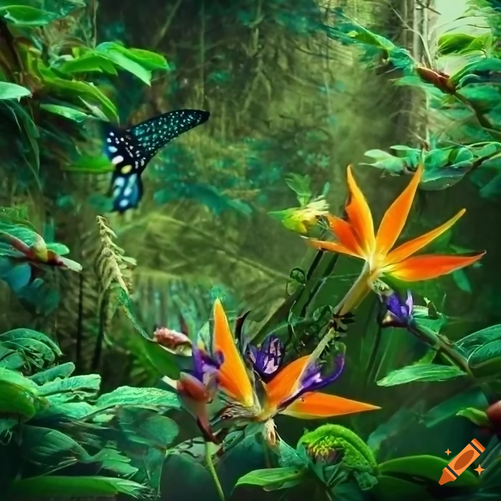 Butterflies on a tree in a lush jungle on Craiyon