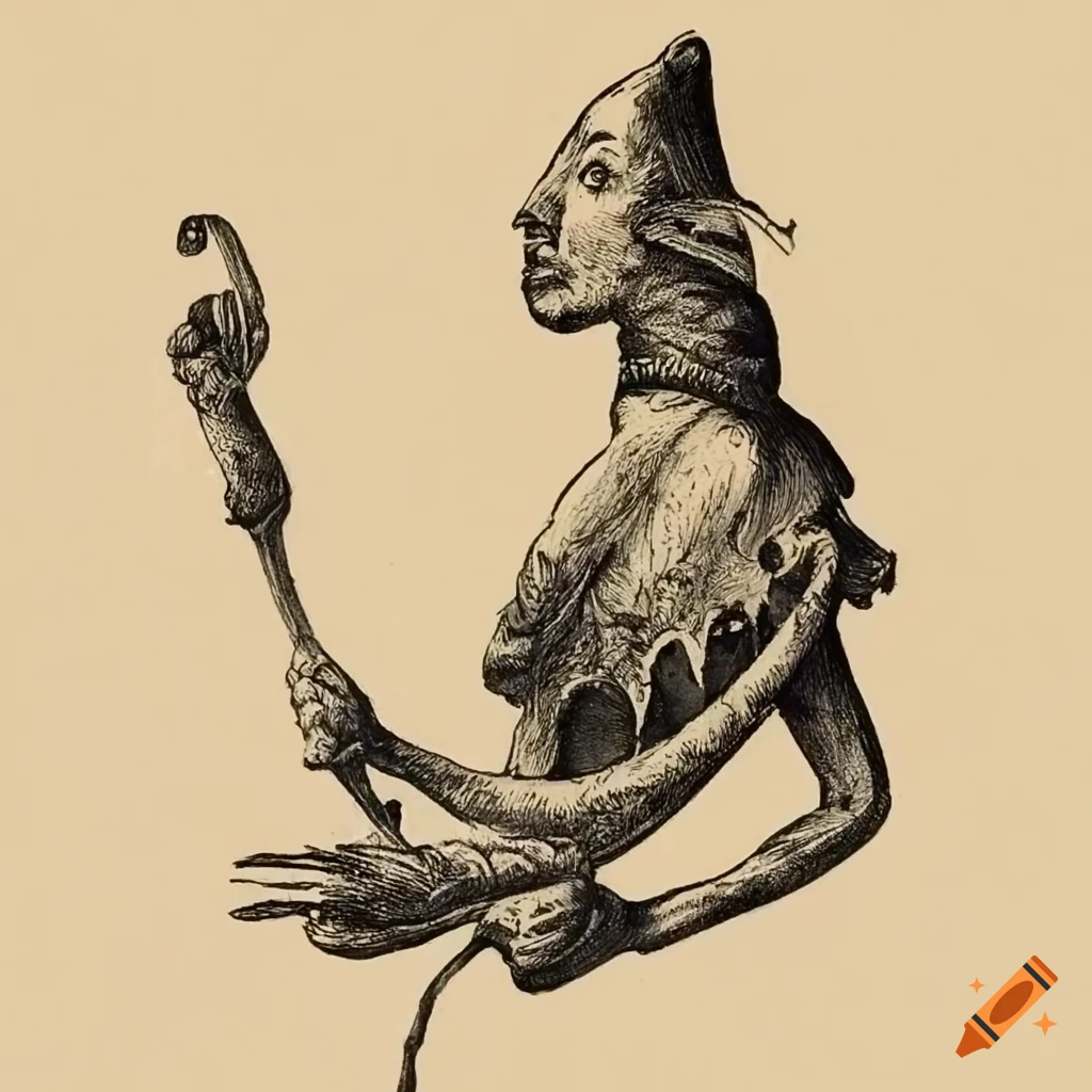 High contrast ink drawing of a medieval fool jester on Craiyon