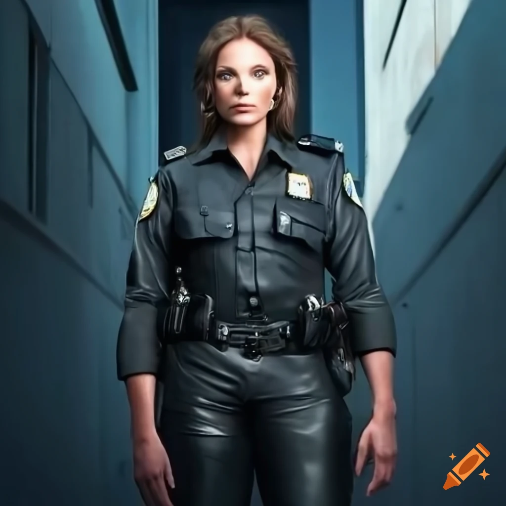 Portrait of a policewoman with tan police shirt and black leather ...