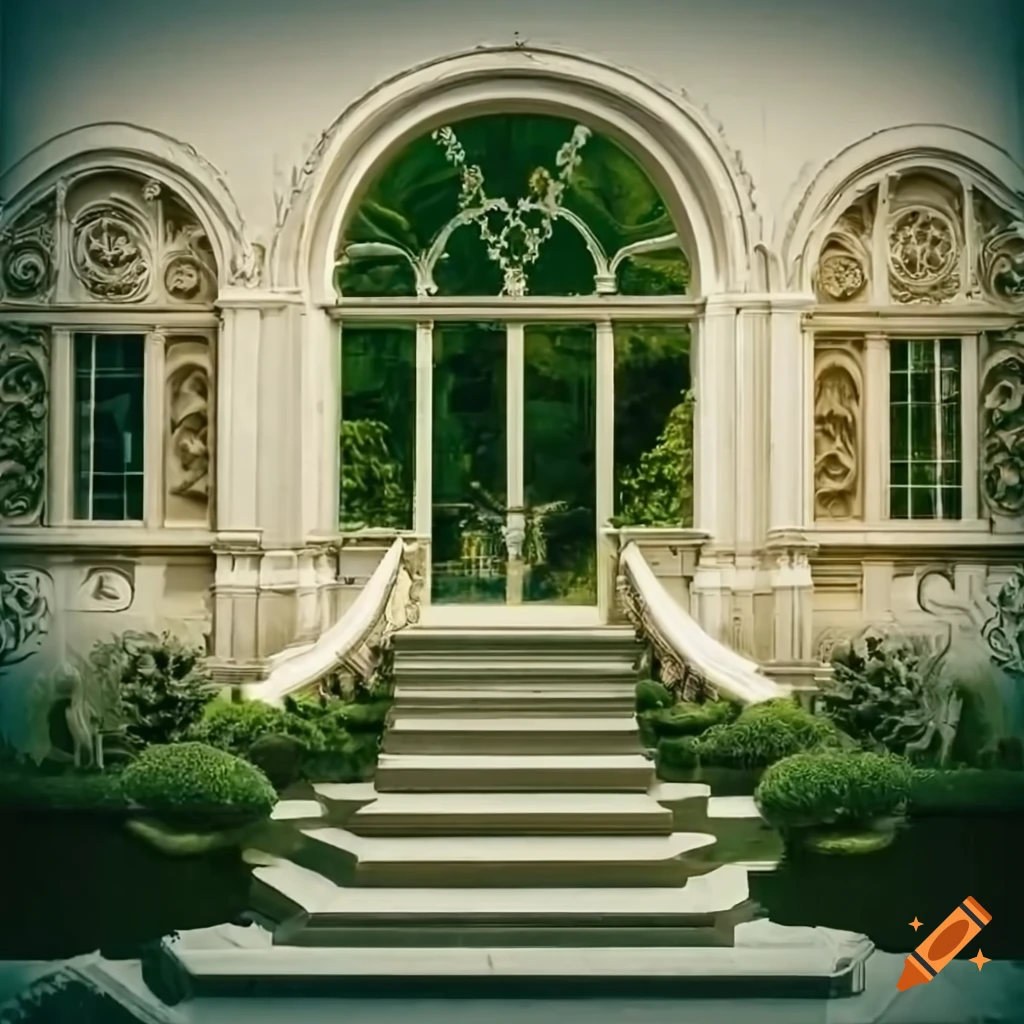 Luxurious rococo stairway in a white balcony garden on Craiyon