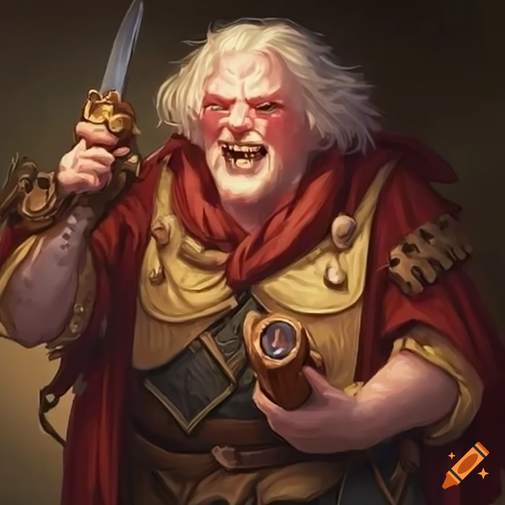 Artwork of a portly laughing swords bard on Craiyon