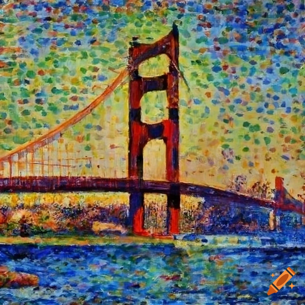 A painting of the golden gate bridge in the style of georges seurat on ...